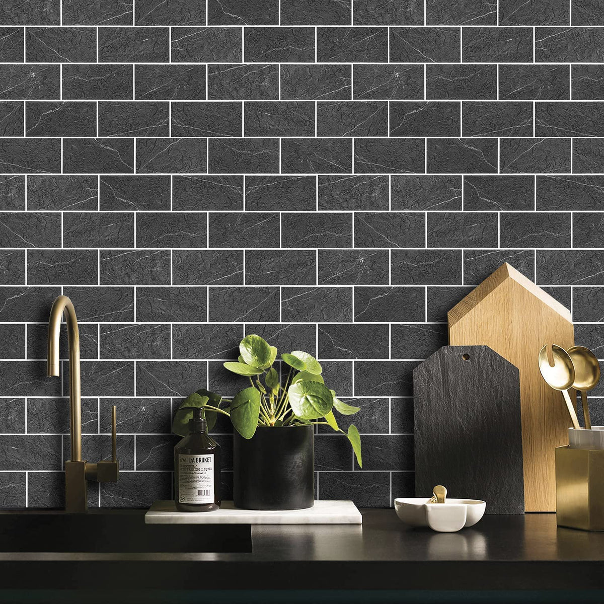 Black Faux Stone Subway PVC Tile With White Faux Grout - Canada ...