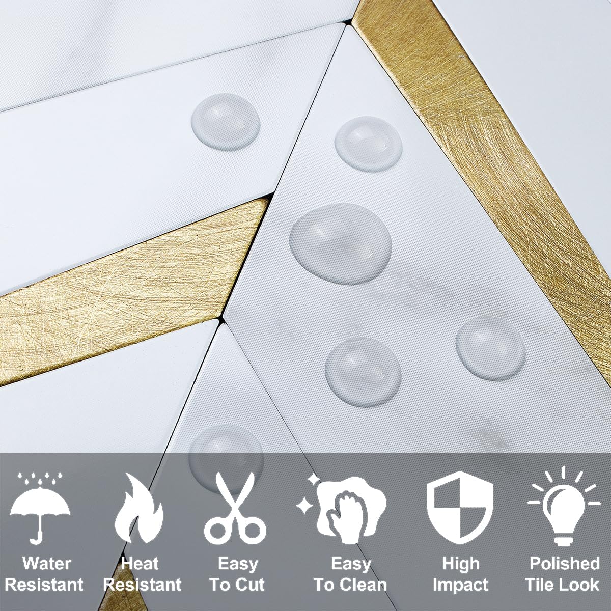 Polished White Marble Look Chevron PVC Tile Mixed with Metal Golden Ch ...